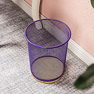 Trash Can Creative Iron Wire Mesh Trash Can Set Living Room Kitchen Bathroom Garbage Bin Office Thick Bamboo Bottom Paper Basket Waste Bin (Color : Purple)