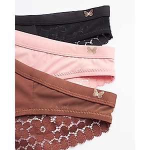 Jessica Simpson Women's Underwear - 3 Pack Microfiber Lace Tanga Panties (S-XL), Size Small, Brunette/Mellow Rose/Jet Black