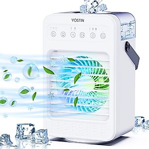 VOSTIN Portable Air Conditioner, 4 in 1 Personal Air Cooler, 4 Speeds Portable ac with 7 Colors Light, 2 Cool Mist & 2-6H Timer and 75° Rotation, Air Conditioner Portable for Room,Office,Camping