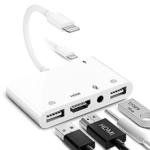 FEINODI Lightning to HDMI Adapter for iPhone/iPad to TV, Dual USB OTG Adapter with Microphone Input for Live-Streaming, MIDI Keyboard, Mouse, HD TV/Projector/Monitor Compatible