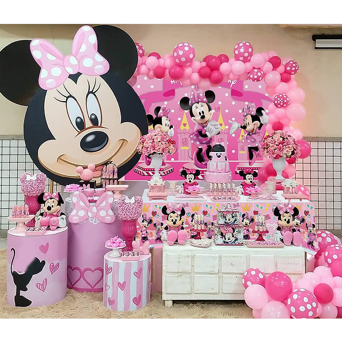ANDXIN Pink Cartoon Mouse Backdrop, Tablecloth, Birthday Party Decorations, Vinyl, Environmentally Friendly Materials, 6x4FT, 70x42in