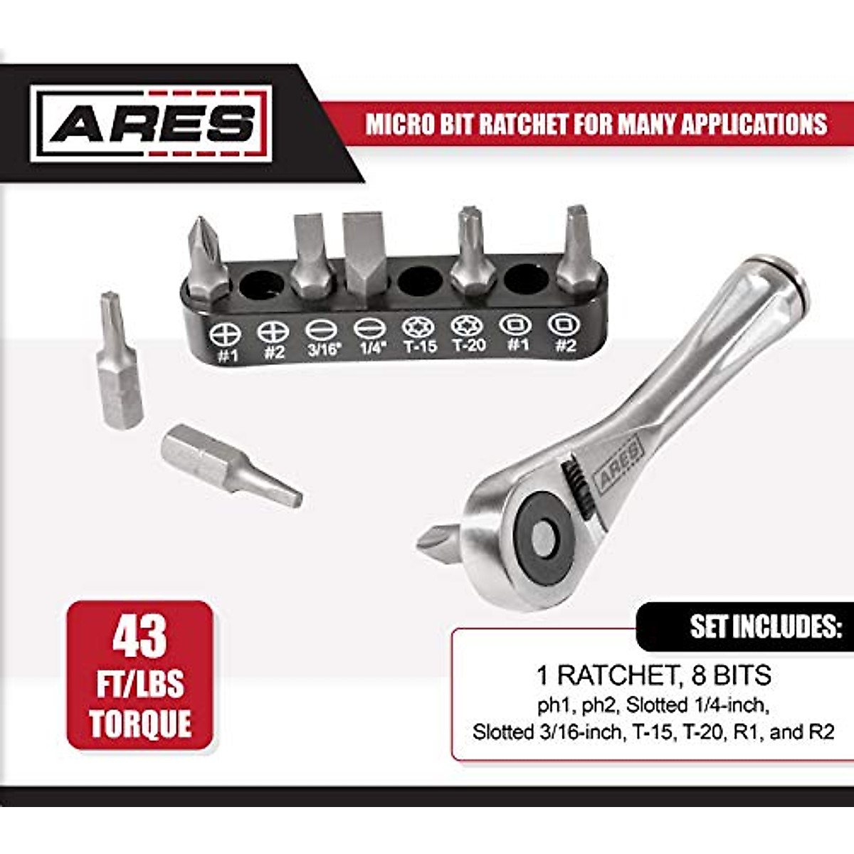 ARES 70040-1/4-Inch Drive Close Quarter Micro Bit Ratchet | Mini Screwdriver with High Torque 72-Tooth Gearhead - 5 Degree Sweep - Spring Loaded Detent Ball Bit Holder