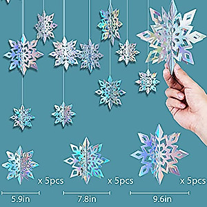 OuMuaMua 15pcs Winter Christmas Hanging Snowflake Decorations, 3D Holographic Snowflakes for Christmas Winter Wonderland Decorations Frozen Birthday New Year Party Home Decorations