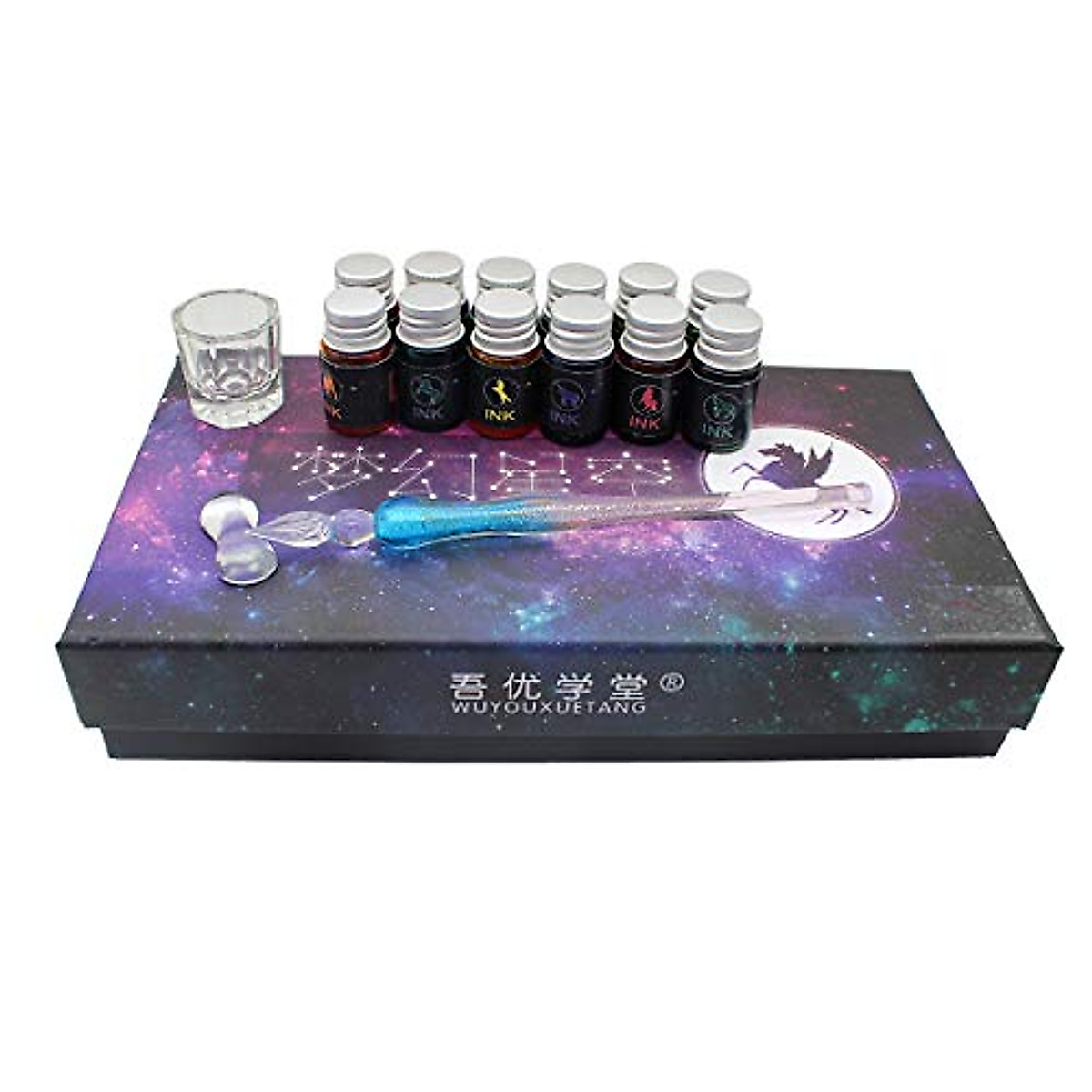 XIAOYU 15 Pieces Glass Dip Pen Set, Handmade Starry Sky Calligraphy Pen and 12 Bottle Inks, Calligraphy Set for Beginners, Lake Blue