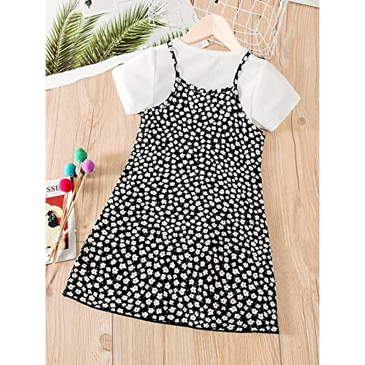 MakeMeChic Baby Girl's 2 Piece Outfits Solid Short Sleeve Tee Shirt Floral Cami Dress Set Black and White 110
