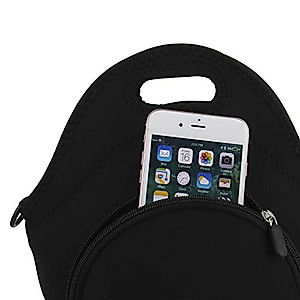 Armofit Black Neoprene Lunch Bag Insulated Reusable Washable Lunch Tote Waterproof Foldable Handbag with Detachable Strap and Extra Front Pocket for Women Men Work Office Picnic
