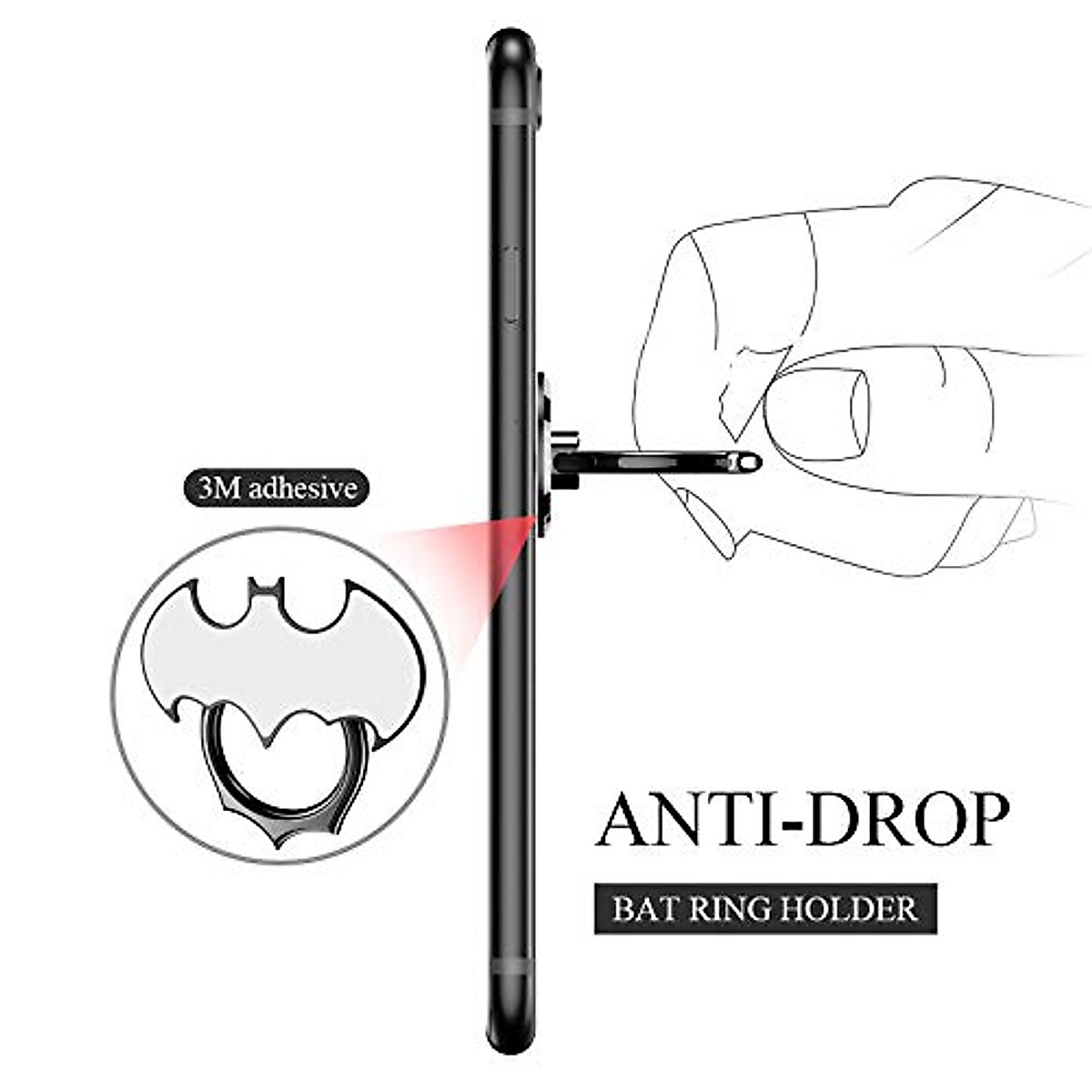 OATSBASF Bat Phone Ring Stand Holder Cell Phone Ring Holder Finger Grip 360 Degree Rotation Compatible with iPhone 12/11 Pro Max/SE 2020 and Other Smartphones（Black+Silver）