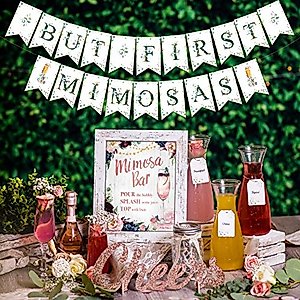 Rustic Boho Mimosa Bar Kit - Vintage Floral Bohemian Mothers Day Brunch Decor w/Pink Burgundy Flowers Lace Rose Gold Bridal Shower Decoration Supplies Baby Girl Birthday Bubbly Banner Sign Set (Boho)
