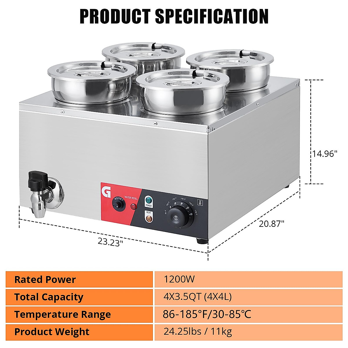 EuKer Commercial Soup Warmer 4X3.5QT - Stainless Steel Buffet Bain Marie, 86-185℉, Adjustable Temp, Anti-Dry Burn, Reset Button, 1200W Electric Food Warmer for Restaurant
