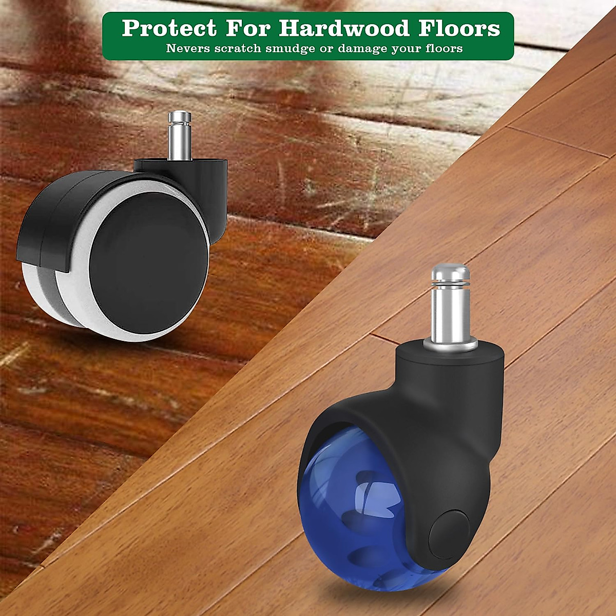 Office Chair Wheels Replacement 2 Inch Rubber Ball Caster Wheels for Wood Floor Carpet Mats, Set of 5, Heavy Duty Desk & Gaming Chair Casters 7/16" (11mm) Grip Ring Stem, Quiet Smooth Rolling (Blue)