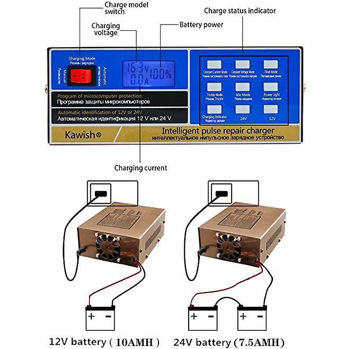 Kawish Full Automatic Car Battery Charger 12V/10A | 24V/7.5A Intelligent Pulse Repair Battery Charger Truck Motorcycle Charger with Terminal Clean Brush for Automotive,Boat,Motorcycle