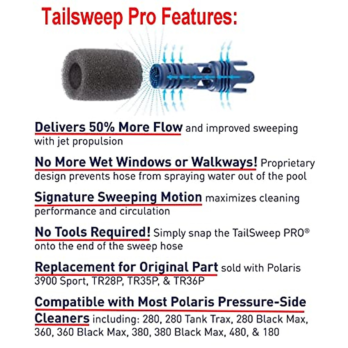 ATIE No Spray Pool Cleaner TailSweep PRO TSP10S with Hose Scrubber 9-100-3105 Fit Zodiac Polaris 280, 3900 Sport, 380, 360, 180 Pool Cleaner Tail Sweep PRO TSP10S and CMP Flow Diffuser (1 Pack)