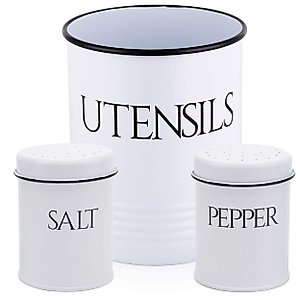 OUTSHINE Large Kitchen Utensil Holder and Farmhouse Decor with Matching Salt and Pepper Shakers, White | Chic Vintage Cooking Utensils Holder | Ideal Gift For Women, Wife, Mom, Girlfriend