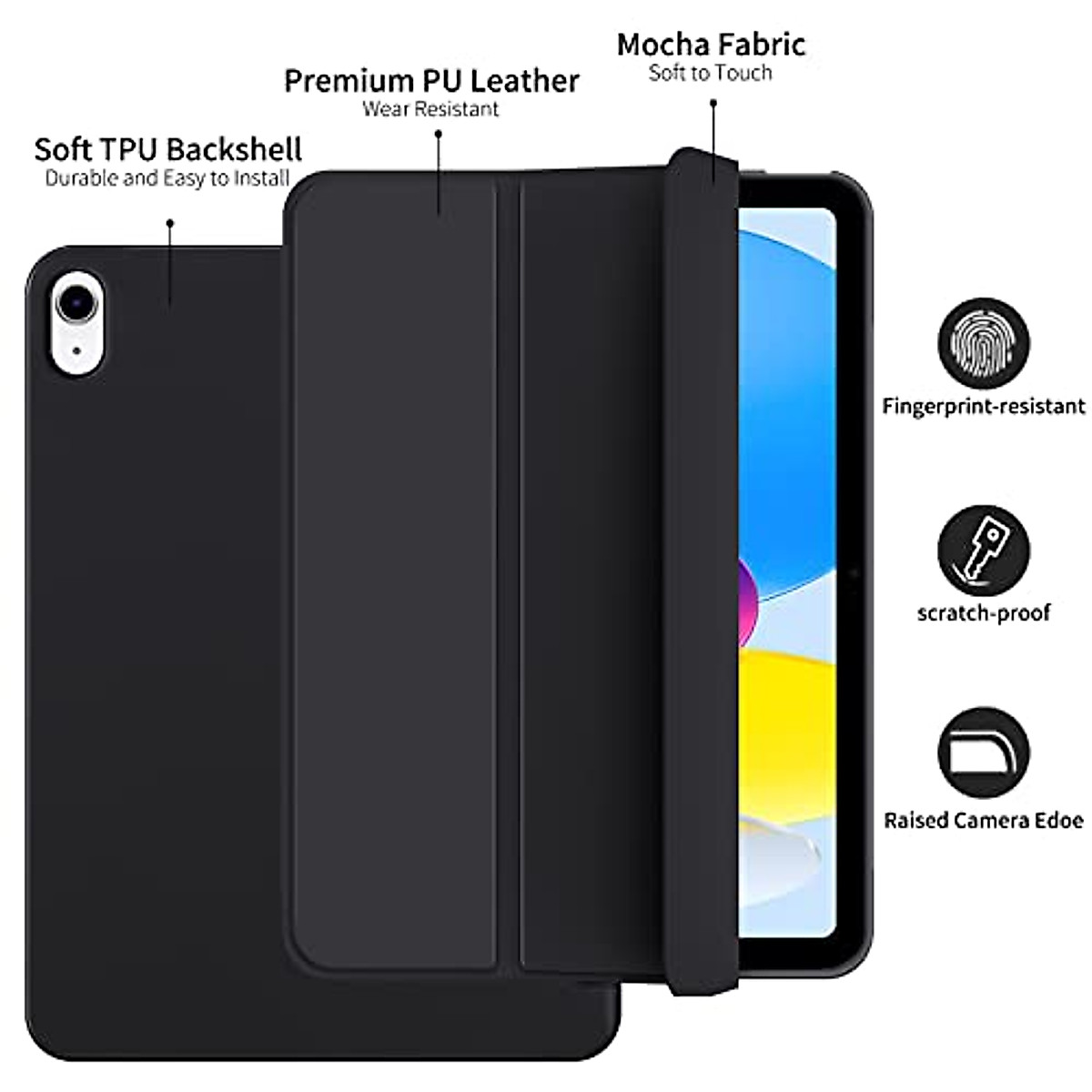 ProtUTab iPad Air 5th Generation Case 2022 / iPad Air 4 th Generation Case 2020 10.9-inch, Auto Wake&Sleep Slim Trifold Stand TPU Back iPad Air Case, Lightweight iPad Air 5th Gen Case, Black