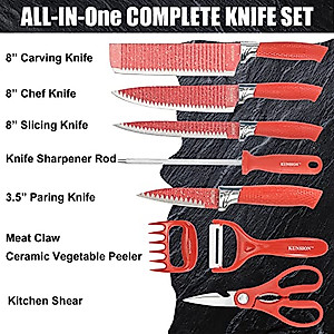 BSSuperU Red Kitchen Knife Set with Sharpener Scissors, 8 PCS Stainless Steel Solid Sharp Knives Sets for Kitchen with Non Stick Coating & Non Slip Handle