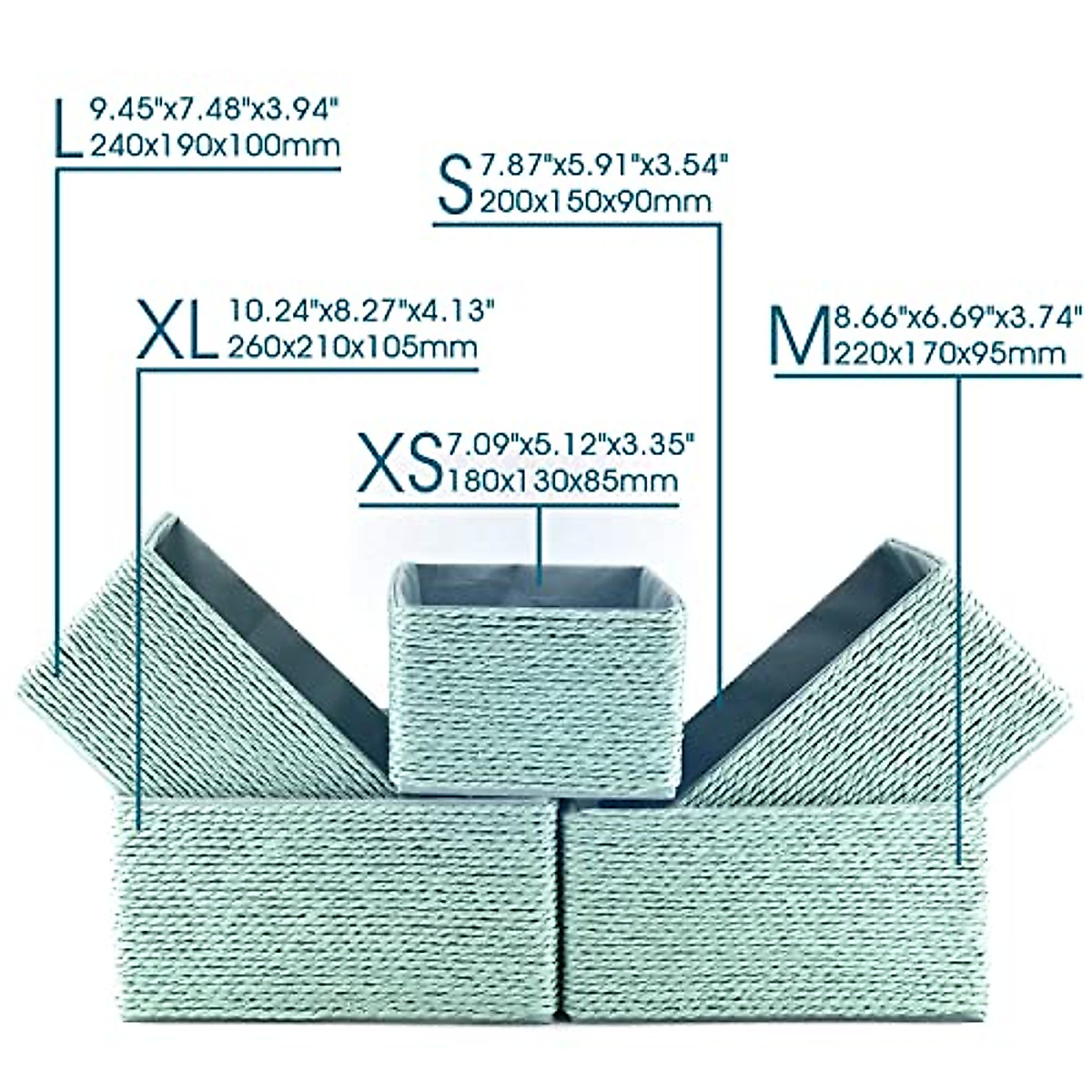 Acrola 5-Pack Decorative Storage Baskets Stackable Woven Basket Paper Rope Bin with Fabric Liner, Organizing Baskets for Makeup Closet Bathroom Bedroom (Mint)