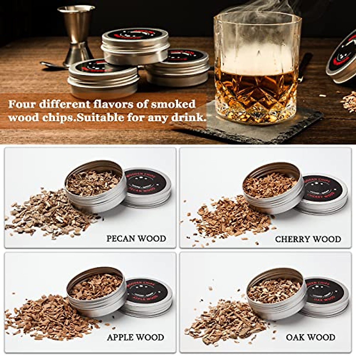 Cocktail Smoker Kit with 4 Flavors Wood Chips,Drink Smoker for Cocktail,Whiskey, Bourbon,Wine,Old Fashioned Smoker kit as a Gift for Men,Drinking Lover,Your Friends, Husband, Dad