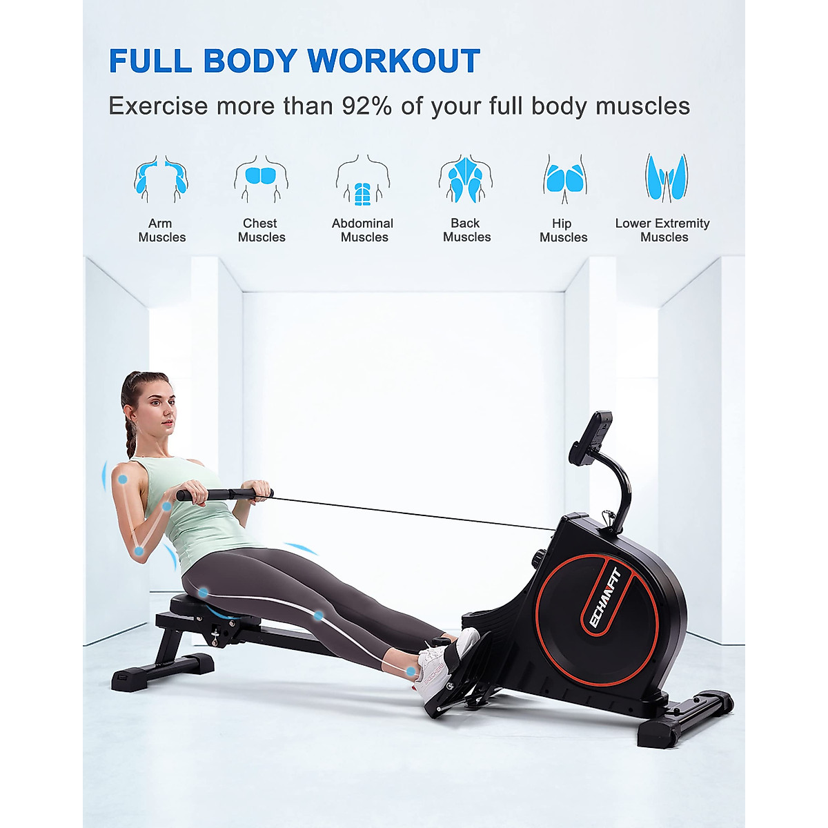 ECHANFIT Rowing Machine Folding Rower with 16 Levels Magnetic Resistance and Adjustable Console Angle for Home Use