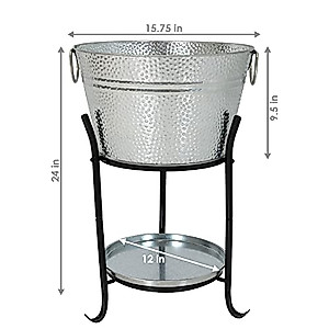Sunnydaze Ice Bucket Drink Cooler with Stand and Tray - Pebbled Galvanized Steel - Holds Beer, Wine, Champagne and More