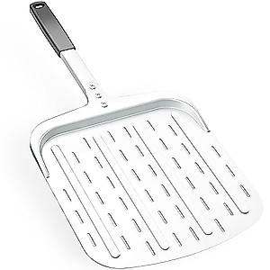 Perforated Pizza Peel 12-inch, Hard Anodized Aluminum Metal Pizza Spatula Paddle (12'' x 13.7''), Pizza Turning Peel, with Long and Heat Resistant Silicone Handle, Pizza Oven Accessories