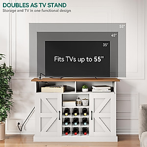 YITAHOME Farmhouse Coffee Bar Cabinet, 47" Wine Bar Cabinet Floating Shelf Hanging Rod Power Outlets, Sliding Barn Door Sideboard Buffet Cupboard Liquor Pantry for Kitchen, Dining Living Room