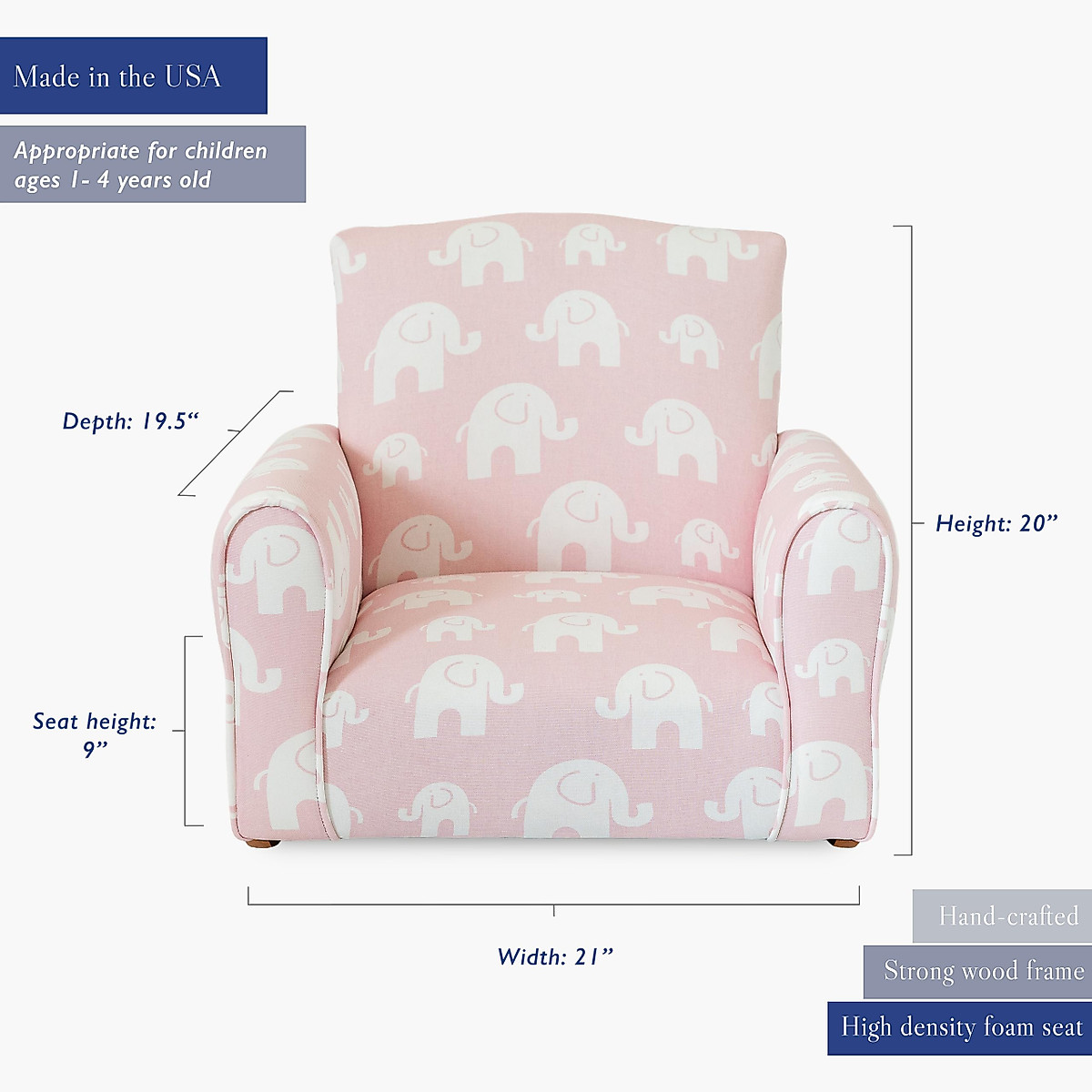 The Rose Hill Company Kid Rocking Chair for Toddlers, Child Chair for Little Kids, Upholstered Toddler Armchair for Children, Comfy and Cute Little Kid Chairs (Rockers, Pink Elephants Print)