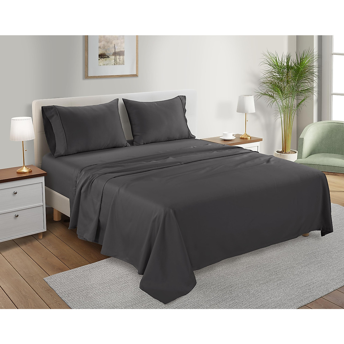 100% Organic Cotton Twin Sheet Set & Standard Pillowcases Set of 2 Combo- 300 Thread Count Long Staple Cotton Sheets,3 Pc Twin Size Sheets & Standard Pillowcases, Sateen Sheets, Breathable - Charcoal