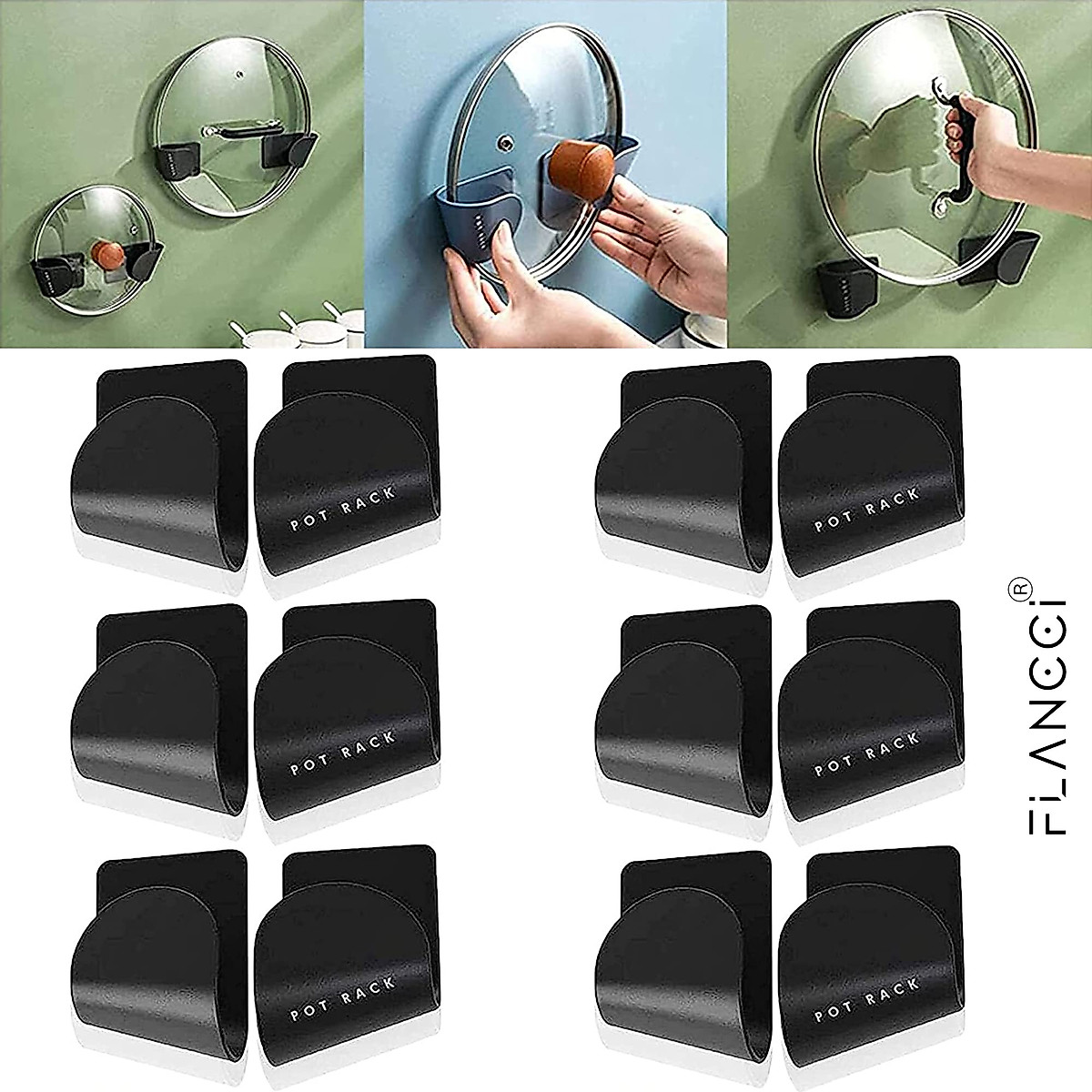 FLANCCI Adjustable Pot Lid Organizer Cabinet Door Kitchen Organization, (6 Pairs) Pot Lid Holder Kitchen Hacks, Pot Lid Organizers Inside Cabinet Door, Wall Mount Pot Lid Hanger, Black set 6 Pairs