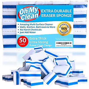 (50 Pack) Extra Durable Eraser Sponge - Extra Thick, Long Lasting, Premium Melamine Sponges in Bulk - Multi-Purpose Power Scrubber - Bathroom, Kitchen, Floor, Bathtub, Toilet, Baseboard, Wall Cleaner