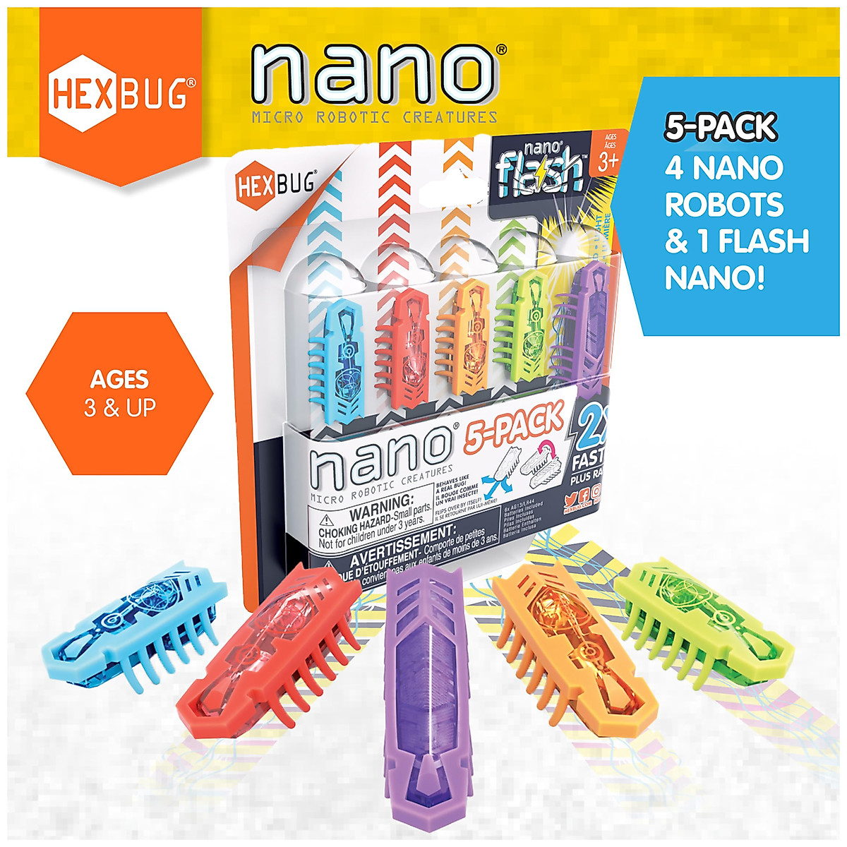 HEXBUG Nano 5 Pack, 4 Nano Bugs with Bonus Flash Nano, Sensory Toys for Kids & Cats with Vibration Technology, STEM Kits & Mini Robot Toy for Kids Ages 3 & Up