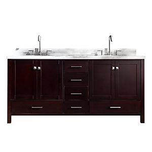 ARIEL Cambridge 73" Espresso Double Oval Sink Bathroom Vanity, 4 Soft-Closing Doors, 6 Full Extension Dove-Tail Construction Drawers, Carrara White Marble Countertop