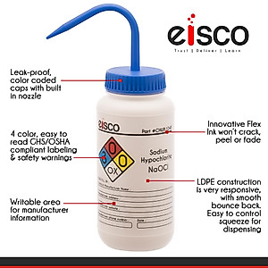 EISCO 2PK Wash Bottle for Sodium Hypochlorite (Bleach), 1000ml - Labeled with Color Coded Chemical & Safety Information (4 Colors) - Wide Mouth, Self Venting, LDPE - Performance Plastics Labs