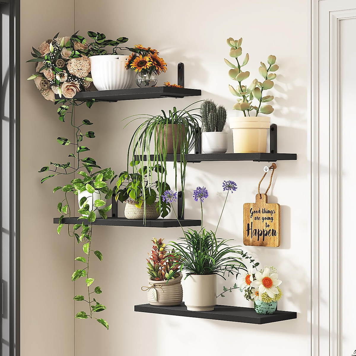 Fixwal Floating Shelves for Wall, 4 Sets Wall Shelves Farmhouse Wood Wall Shelf Wall Mounted Floating Shelves for Bedroom Decor, Bathroom Storage, Book Shelf for Wall - Black