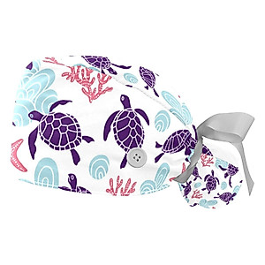 Ocean Turtle Working Caps with Buttons, Long Hair Scrub Hats Ponytail Holder for Women
