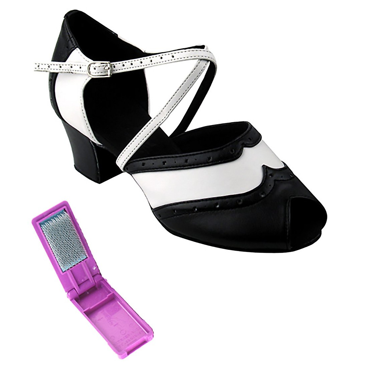 Very Fine Dance Shoes - Ladies Practice, Cuban Low Heel, Waltz Ballroom Dance Shoes - C6035-1.6-inch Heel and Foldable Brush Bundle - Black Leather - White Leather - 6.5