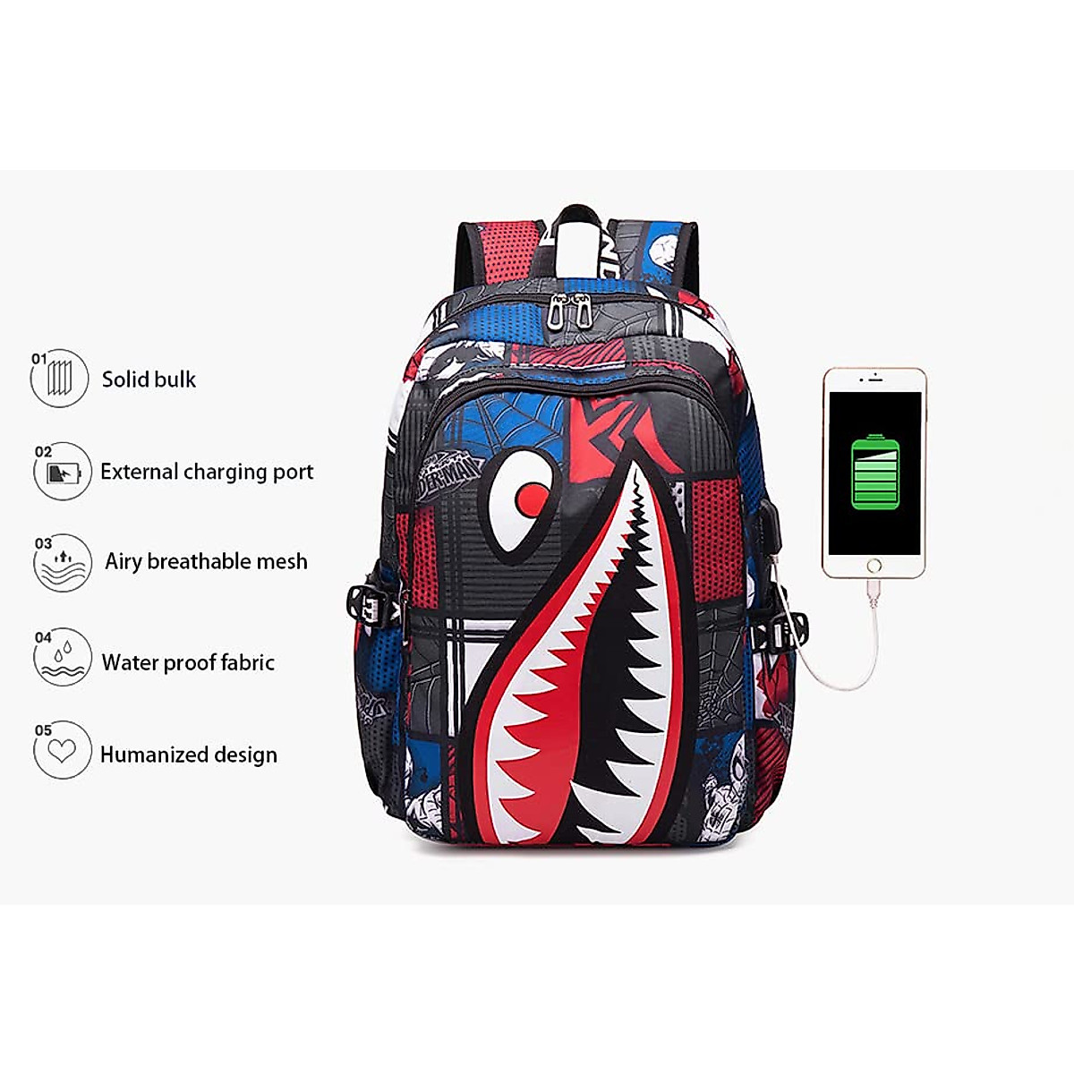 nrseag Travel shark Backpack Laptop Backpack with USB Charging Port, Durable Anti Theft School Computer shark Bag Bookbag for Boys Girls, Black5, 17 IN