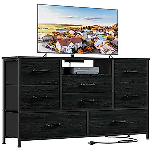 Furnulem Dresser TV Stand with Power Outlet for 55'' Long TV, Entertainment Center with 8 Deep Drawers,Wide Chest of Drawer for Storage in Bedroom,Closet,Living Room,Hallway(Black Oak)