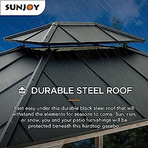 Sunjoy 10 x 12 ft. Wood Gazebo, Outdoor Patio Steel Hardtop Gazebo, Cedar Framed Wooden Gazebo with 2-Tier Metal Roof, Suitable for Patios, Lawn and Backyard, Matte Black Roof + Gray Wood Frame