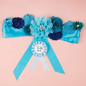 Baby Shower Maternity Sash Belly Belt, Mom to Be & Dad to Be Button Pin, Pregnancy Maternity Flower Sash Belt for Gender Reveal (Blue Baby Boy)