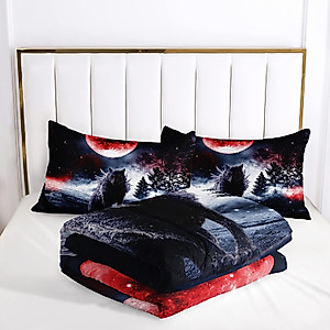AILONEN Outdoors Wolf Comforter Set Full Size, Evening Snowfield Red Moon Wolf Bedding Set,Wild Aminal 3D Print Duvet Set 3 Pieces, 1 Quilt + 2 Pillowcases