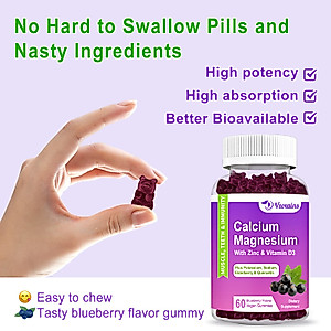 High Absorption Calcium Magnesium Zinc Gummies, Sugar Free Calcium Magnesium Supplement with Potassium Vitamin D3 for Bone & Teeth Strength, Muscle Function - Vegan, Blueberry Flavor 120 Cts