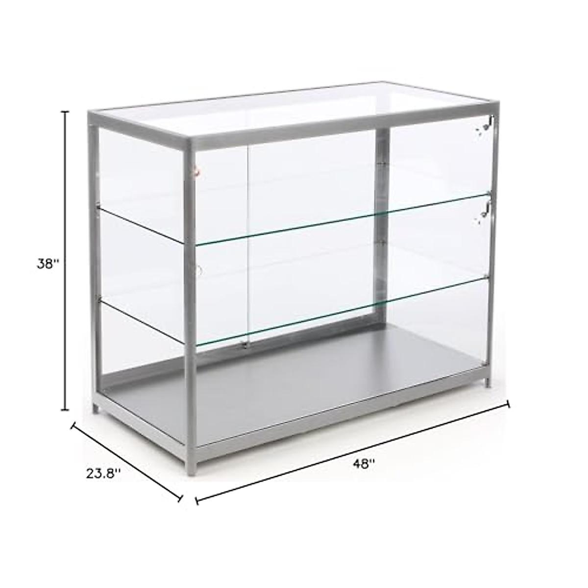 Displays2go Retail Display Counter with Lighting, Locking, Tempered Glass Shelves, Aluminum Frame – Clear, Silver (JBQCT48LED)