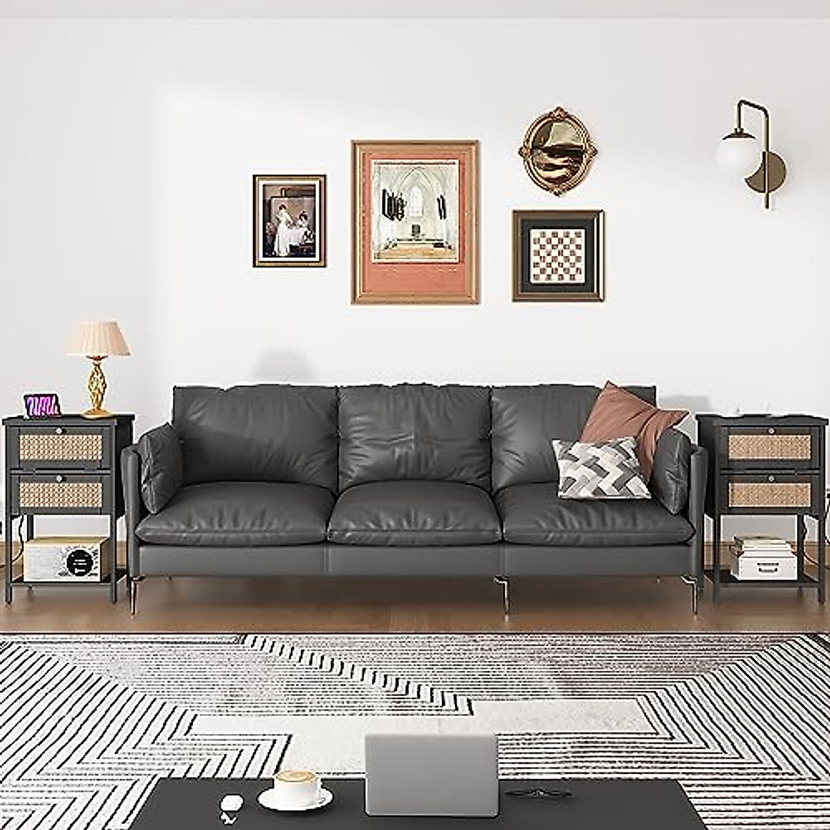 End Table with Charging Station, 2 Tier Rattan Decorated Nightstand with USB Ports and Outlets, Bedside Table with Drawer, Black Modern Sofa Side Table for Bedroom, Living Room, Office