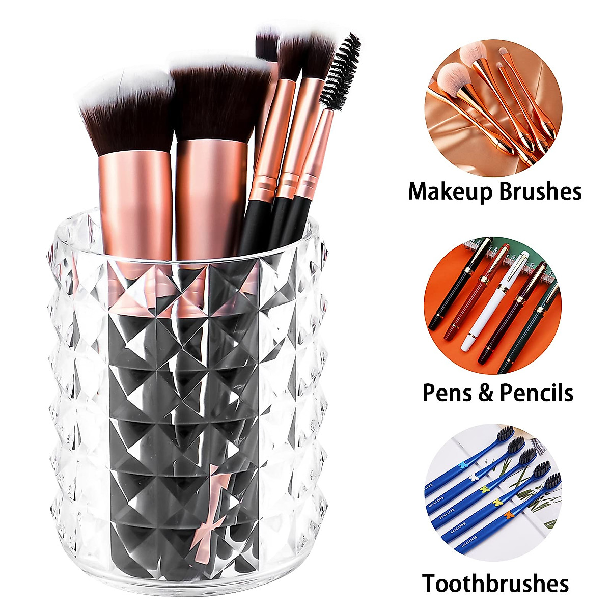 Funtygy Acrylic Makeup Brush Holder Organizer, Clear Pencil Pen Holder, Crystal Cosmetics Brushes Cup Storage Solution, Round