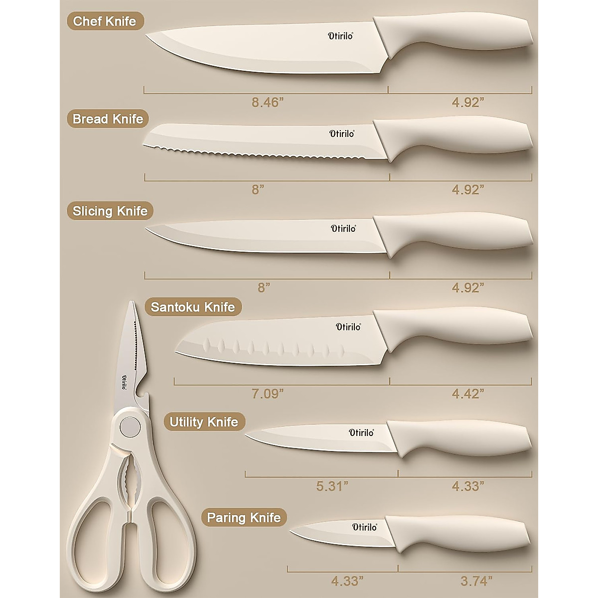 Otirilo 13 Pieces Kitchen Knife Set, Granite Nonstick Ceramic Coating Stainless Steel Sharp Chef Knives Set with Blade Guards & Kitchen Scissors, Essential Knife Set for Kitchen, Dishwasher Safe,White