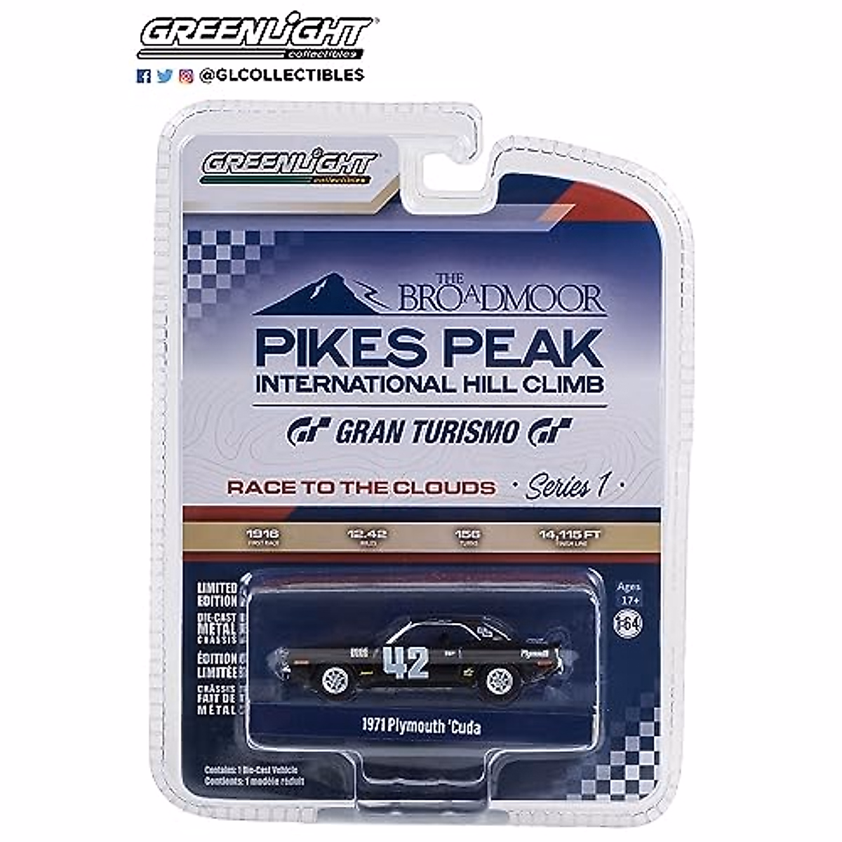 Greenlight 13330-D Pikes Peak International Hill Climb Series 1-1971 Plymouth ‘Cuda #42 - Jess Neal 1/64 Scale