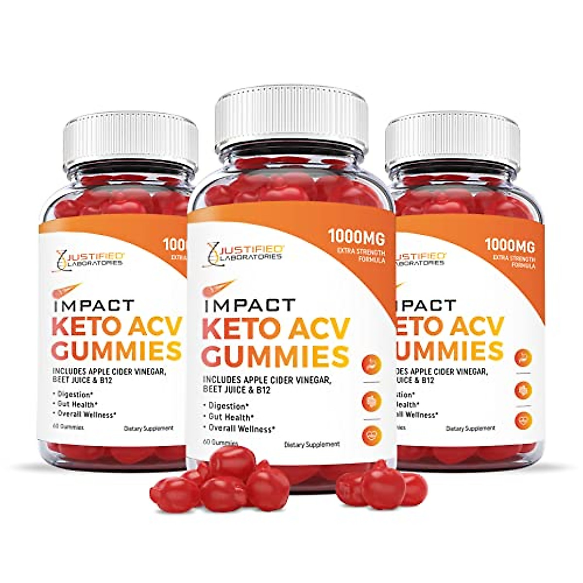 Justified Laboratories (3 Pack) Impact Keto ACV Gummies 1000MG with Pomegranate Juice Beet Root B12 180 Gummys