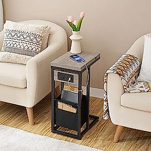 HOOBRO C Shaped Side Table with Charging Station, Foldable End Table with Fabric Bag, Sofa Table Coffee Table Snack Table for Couch Small Space Living Room, Bedroom, Greige and Black BG30USF01