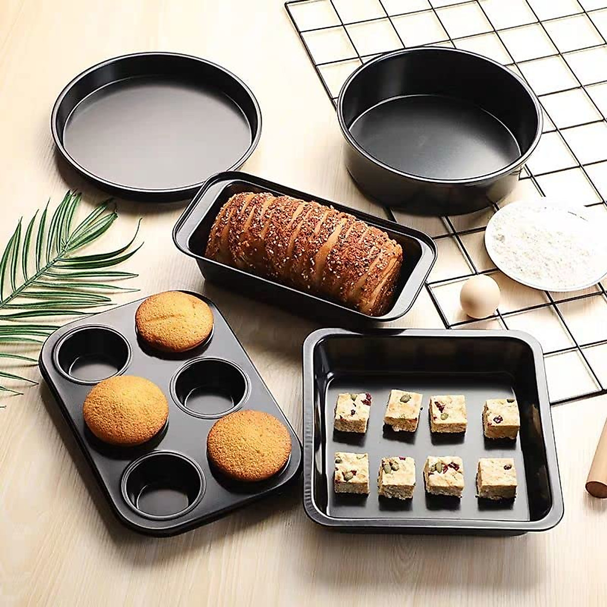 Mttie Baking Pans Set 5-Piece Toaster Oven Pans Bakeware Cooking Includes Nonstick Cake Pans/Loaf Pan/Cupcake Pan/Pizza Pan/Cookie Pan, Carbon Steel Baking Pan Set,Black