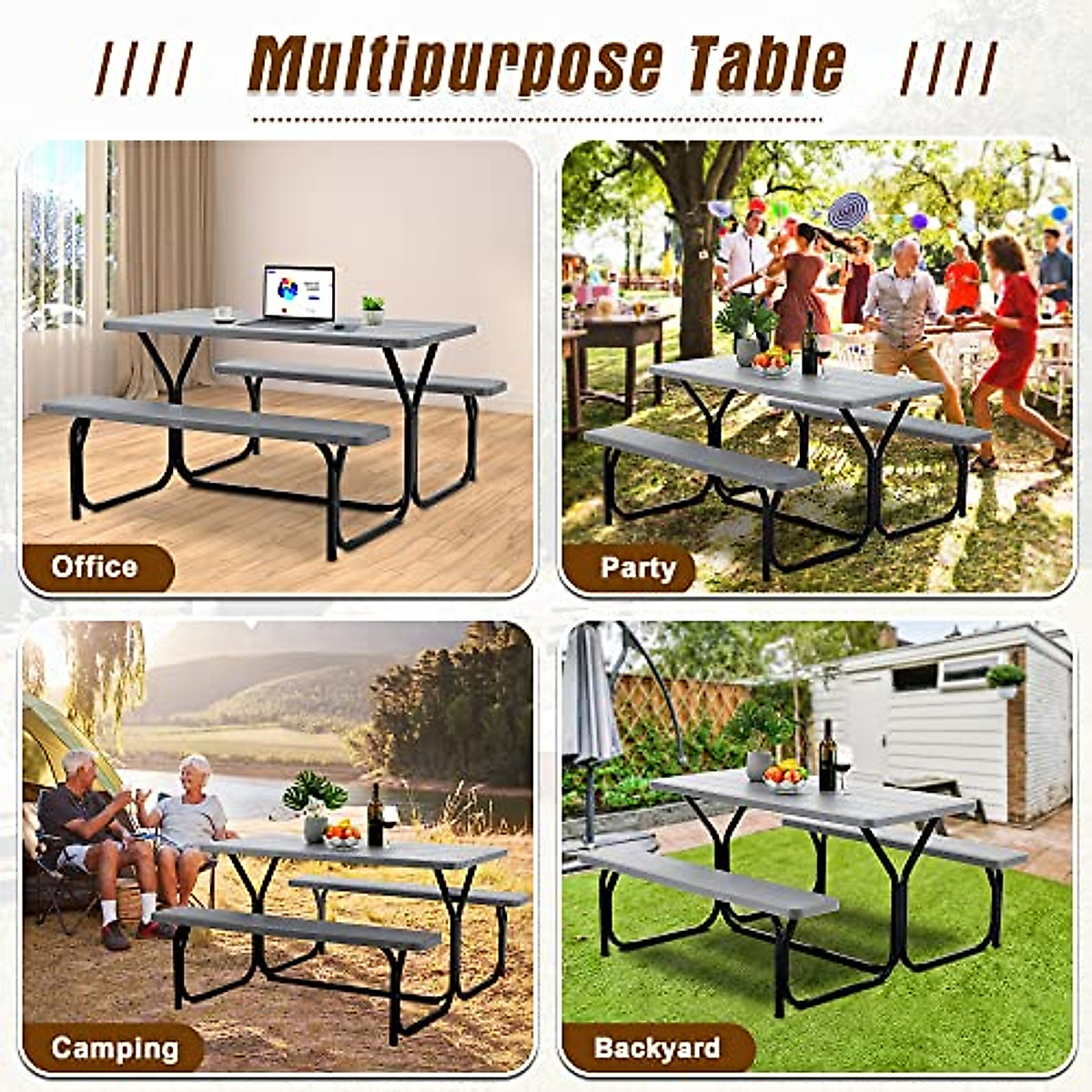 Haddockway Picnic Table Bench Set Patio Camping Table with All Weather Metal Base and Plastic Table Top Outdoor Dining Garden Deck Furniture for Adult Grey
